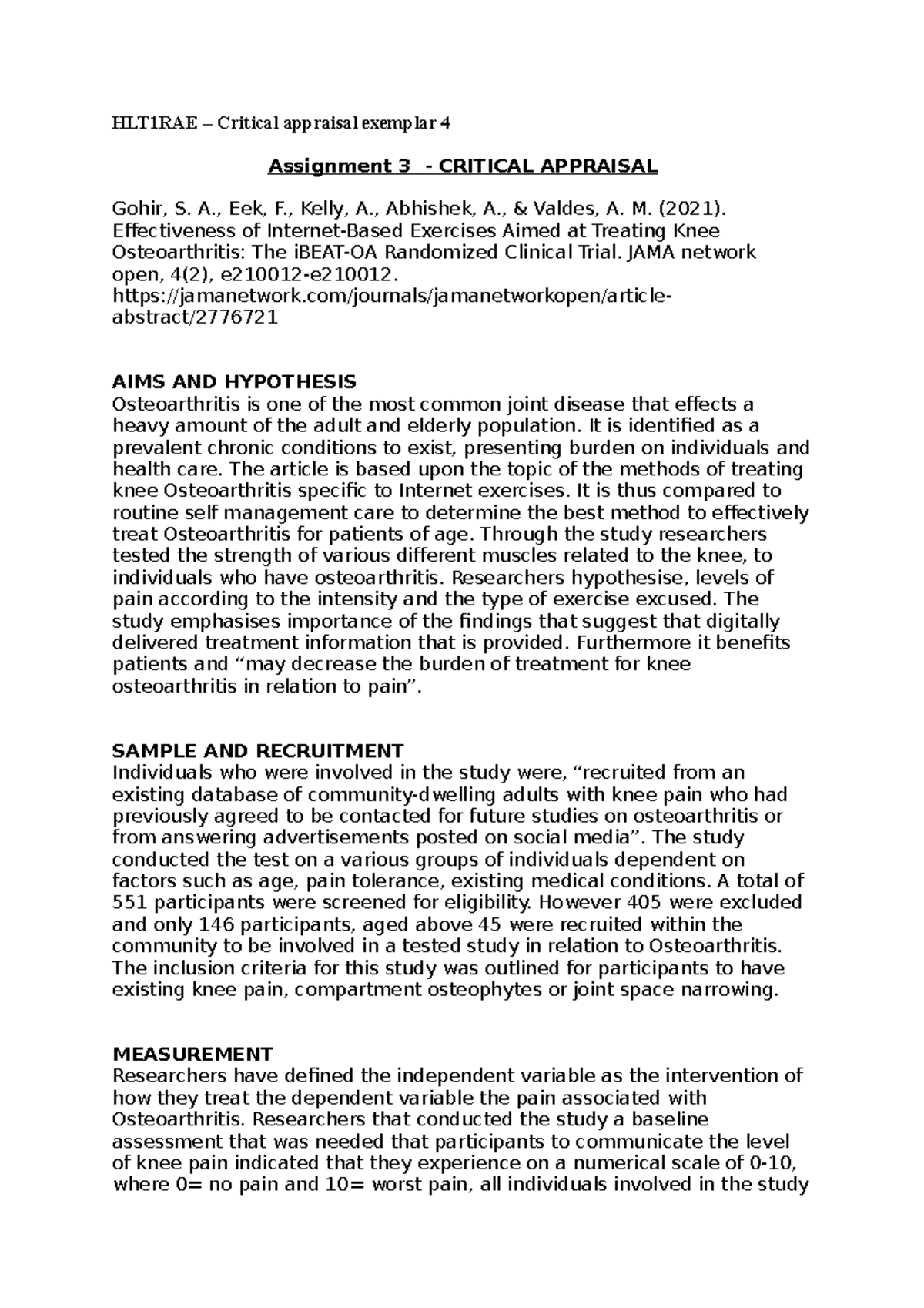 Exemplar 4 - Lower marks - HLT1RAE – Critical appraisal exemplar 4 ...