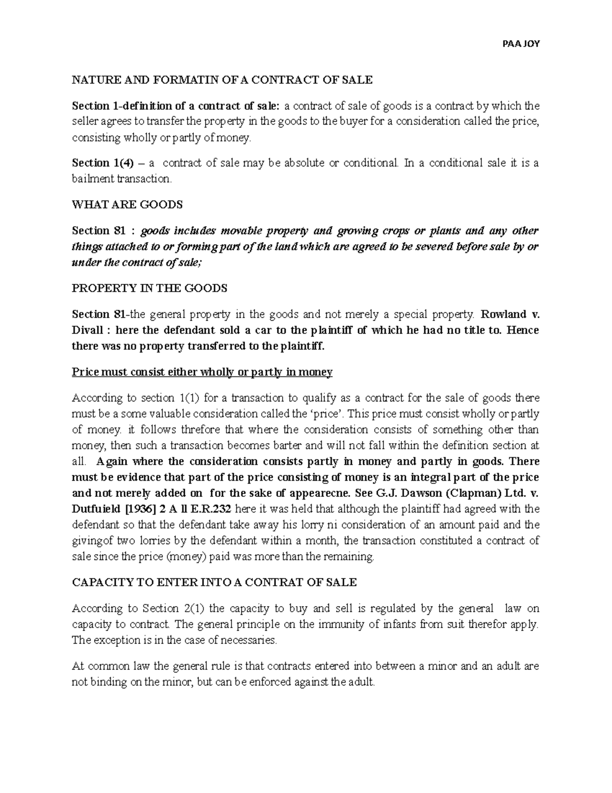 Commercial sale of goods - NATURE AND FORMATIN OF A CONTRACT OF SALE ...