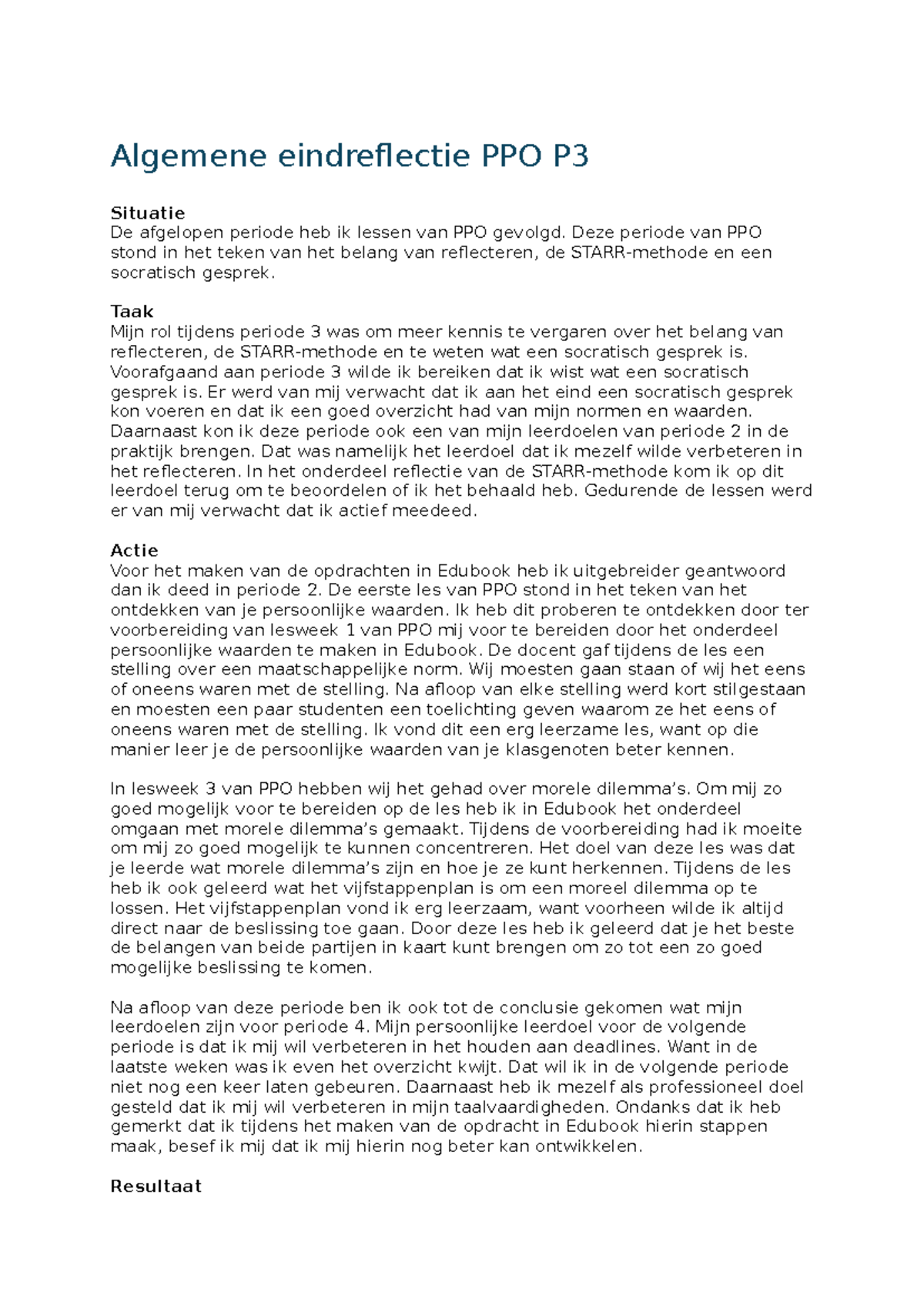 Algemene eindreflectie PPO P3 - Algemene eindreflectie PPO P Situatie ...