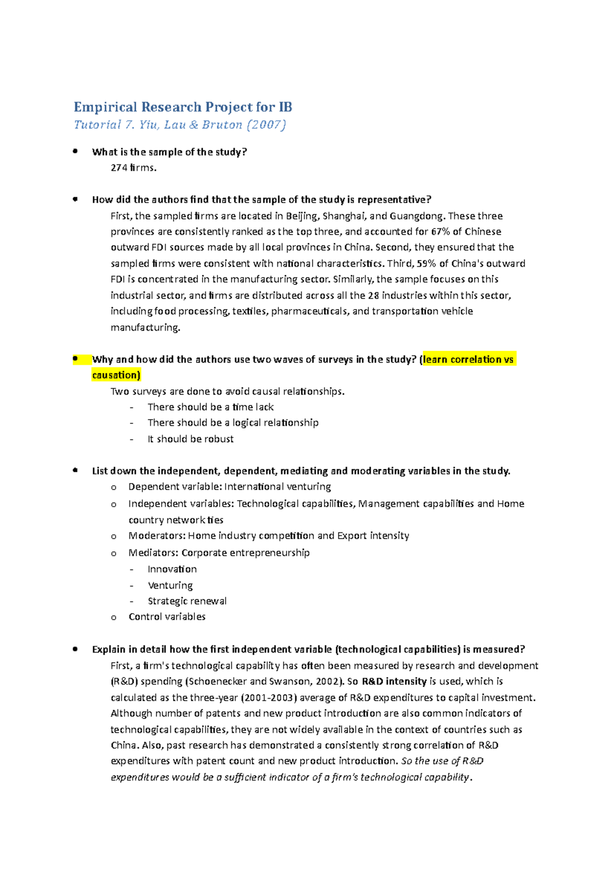 Empirical Research Project for IB tutorial 7 - Yiu, Lau & Bruton (2007) What is the sample ...