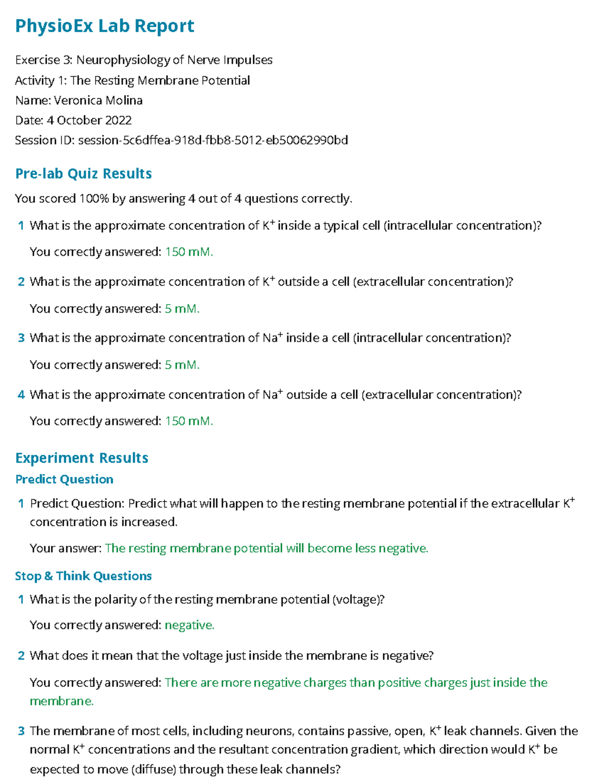 SU BIO1012 W8 A1 Molina V - PhysioEx Lab Report Exercise 3 ...