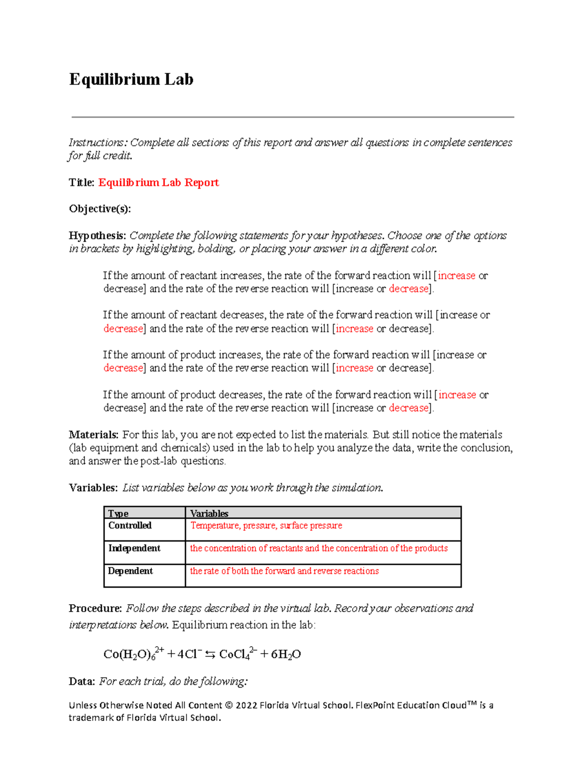 Lab report - n/a - Equilibrium Lab Instructions: Complete all sections of this report and answer ...