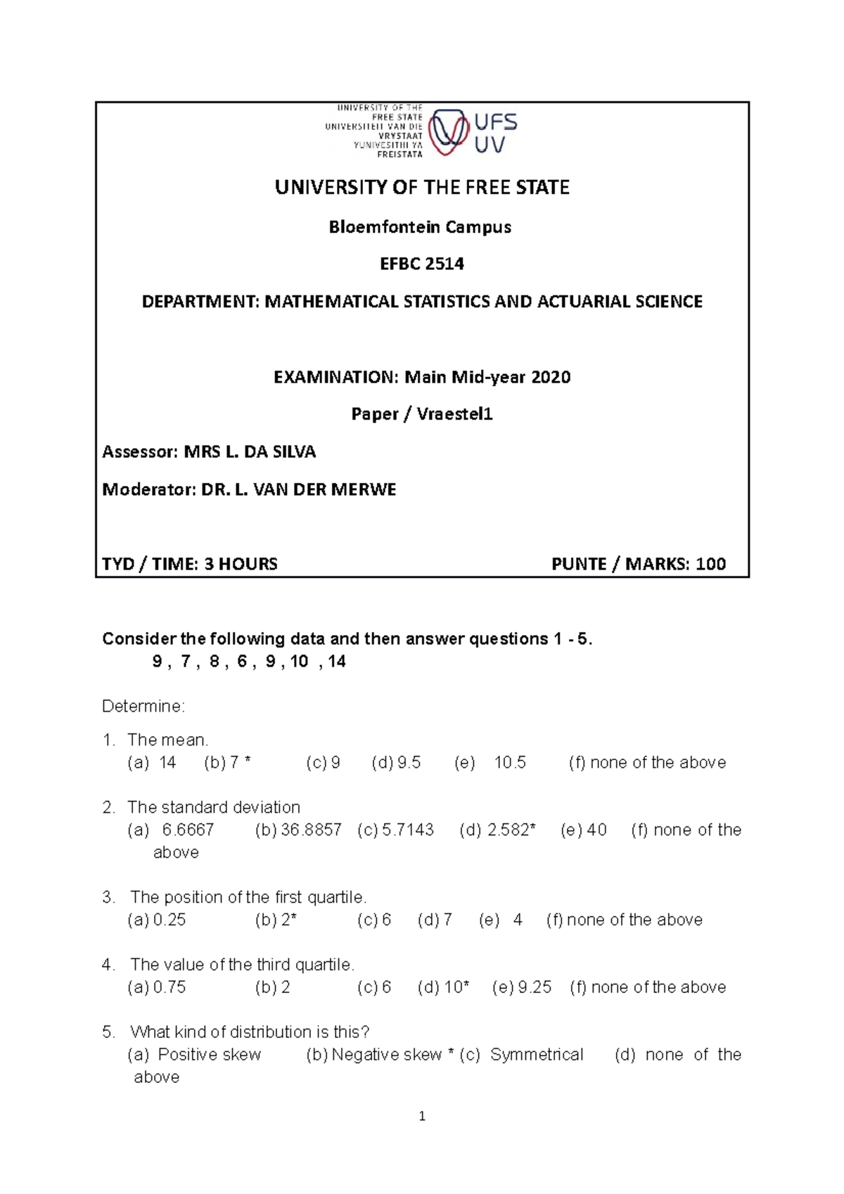 Test 3 2020 Memo - Statistics Business Calculations, the module aims to ...