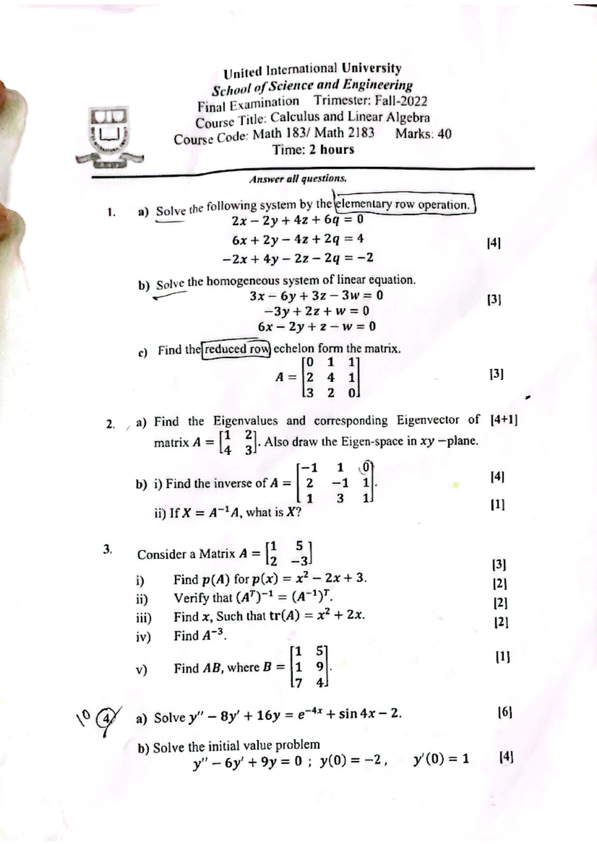 Linear-Algebra-Final 22 FALL - calculus II - Studocu