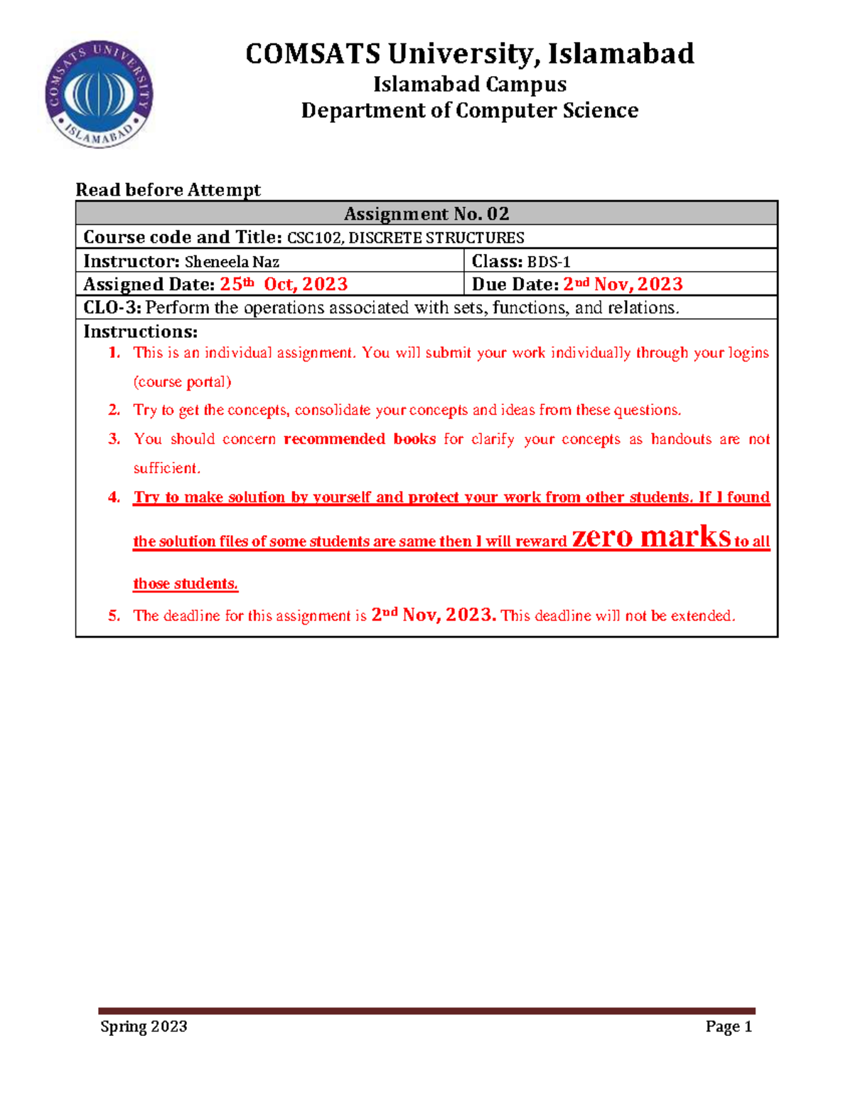 Assignment 02 Fall23 Nnnnn Read Before Attempt Assignment No 02 Course Code And Title 
