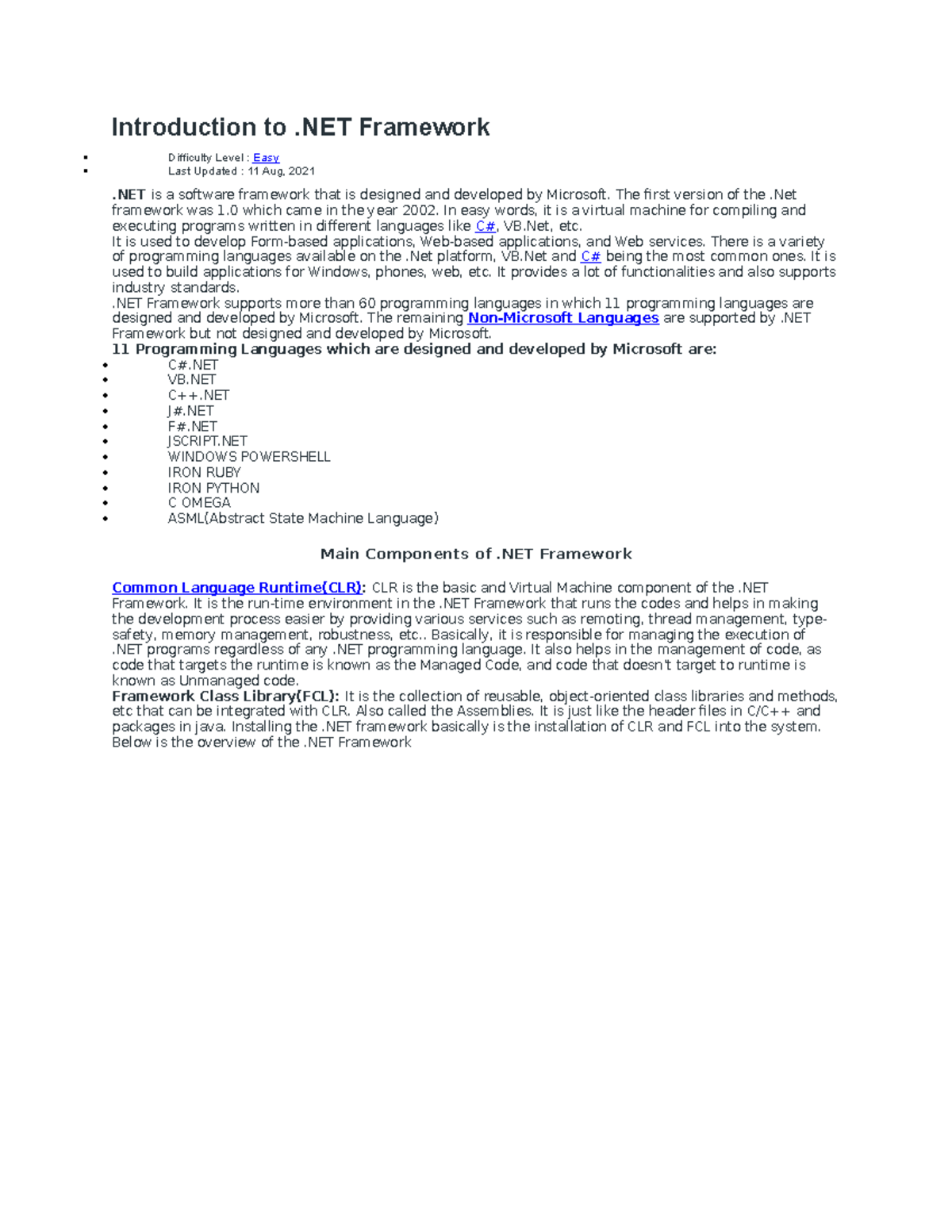 Introduction to - NET Framework Difficulty Level : Easy Last Updated ...