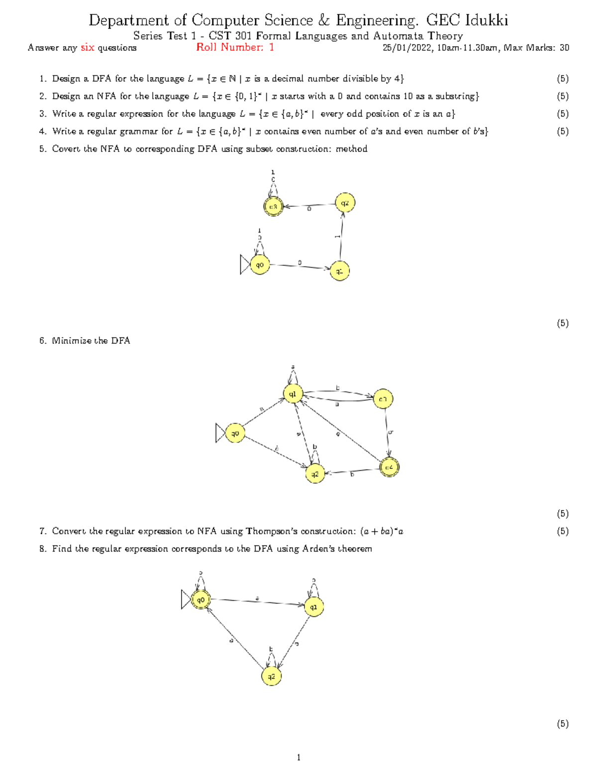 CST301 - Tutorial - Series Test 1 - CST 301 Formal Languages and ...