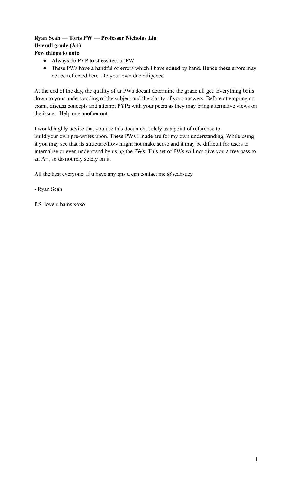 Tort Law Pre Writes - Final notes - Ryan Seah — Torts PW — Professor ...