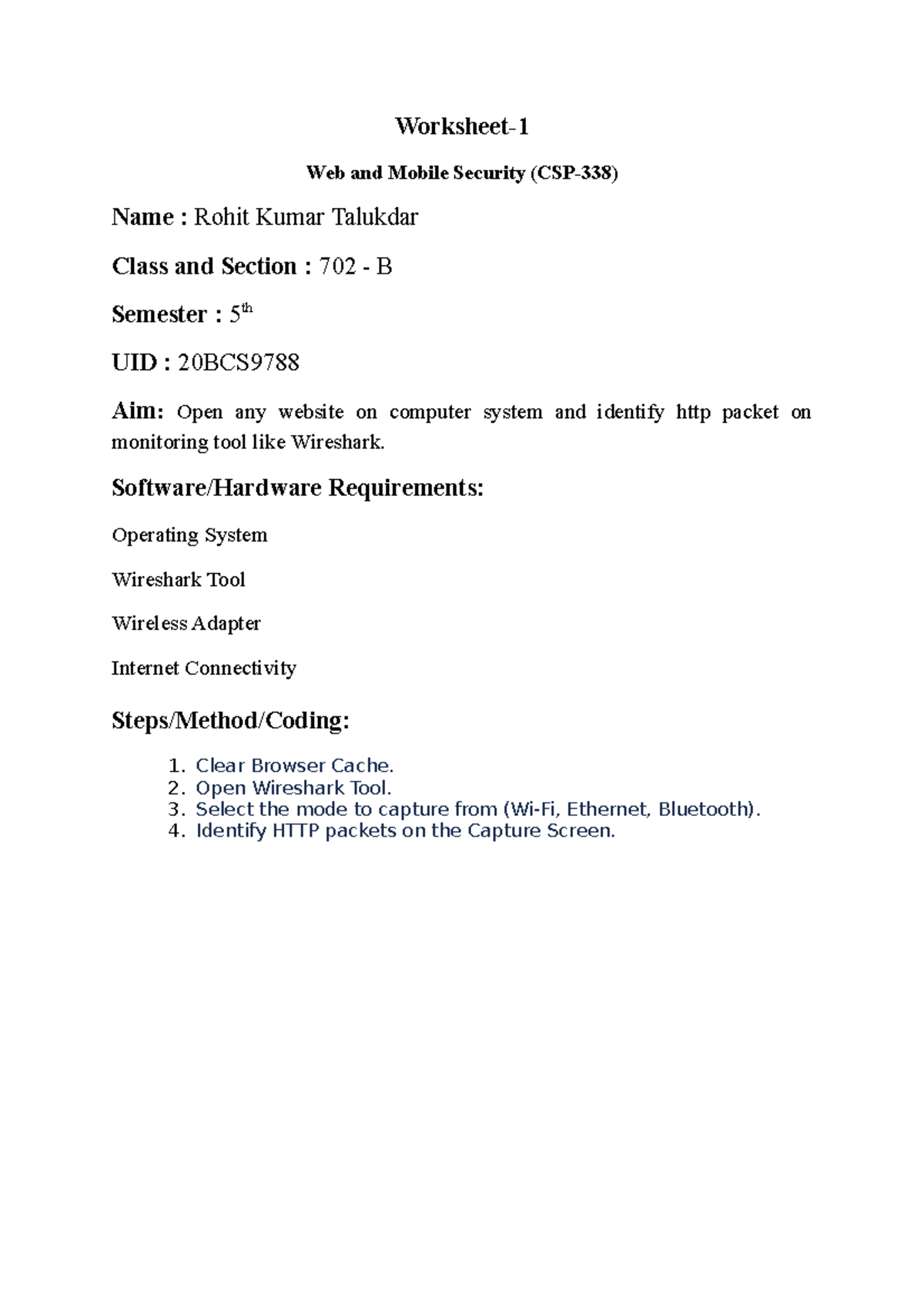 Exp 1 worksheet - code - Worksheet- Web and Mobile Security (CSP-338) Name : Rohit Kumar ...
