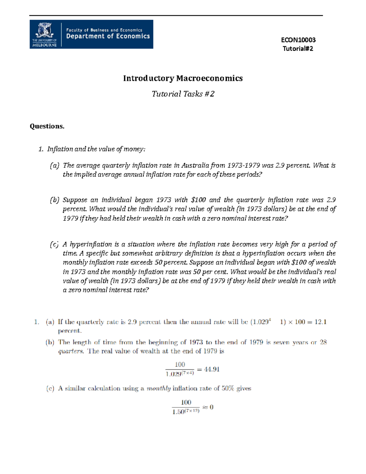 Tutorial tasks 2 - week2tut - Introductory Macroeconomics Tutorial Tasks Questions. Inflation ...