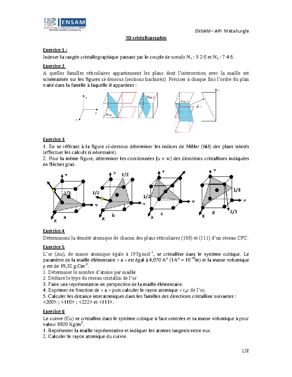 TD cristallographie 2021 - ENSAM– API Métallurgie 1/ TD ...