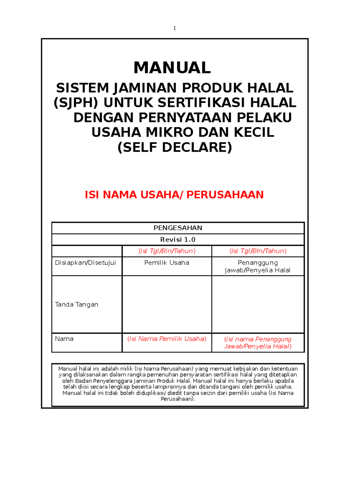 Form-form self Declare - MANUAL SISTEM JAMINAN PRODUK HALAL (SJPH ...