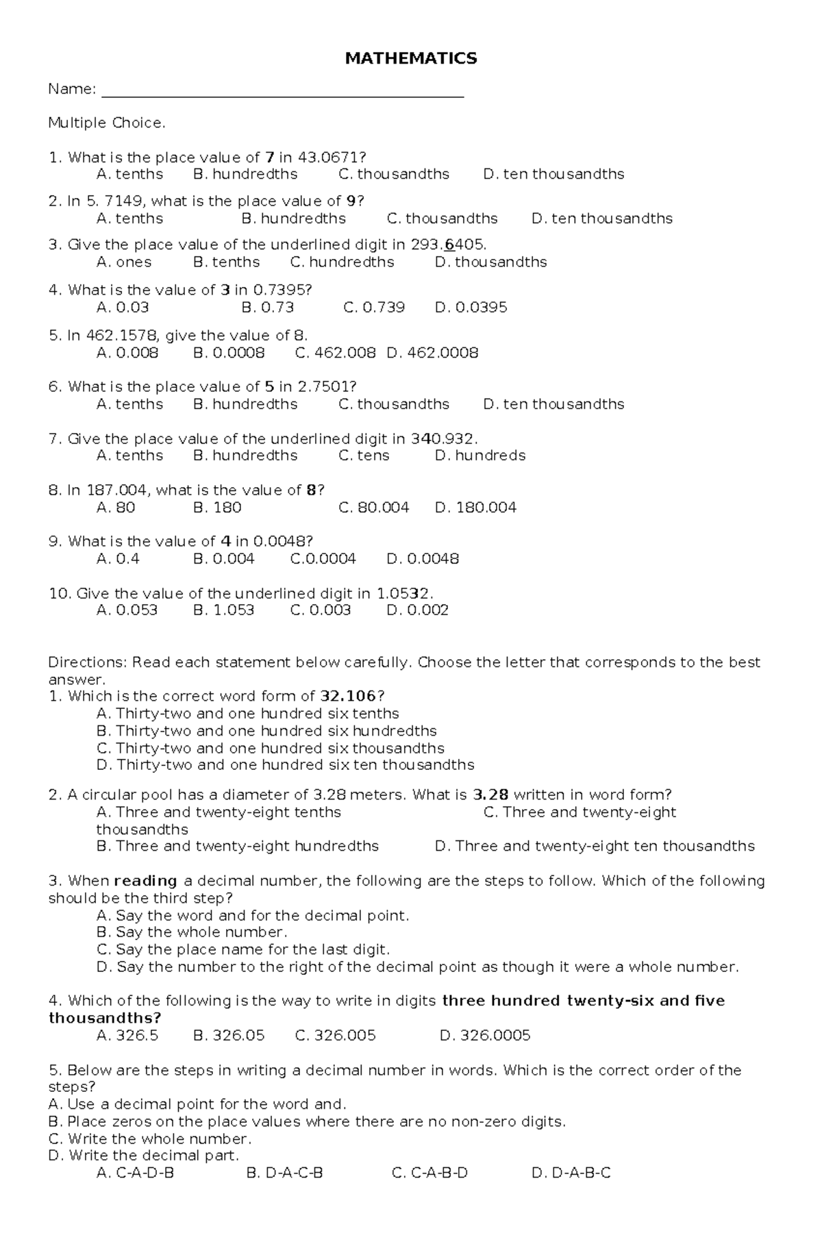 Mathematics - Reviewer - MATHEMATICS Name