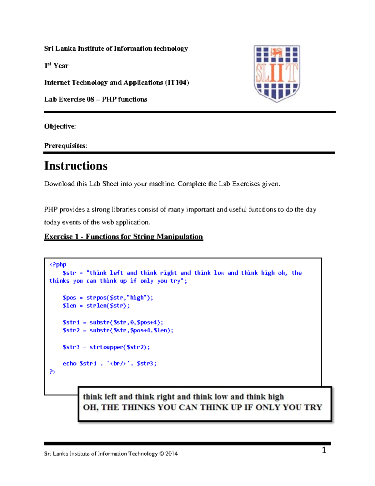 ITA Lab Sheet 8 PHP functions - Sri Lanka Institute of Information ...