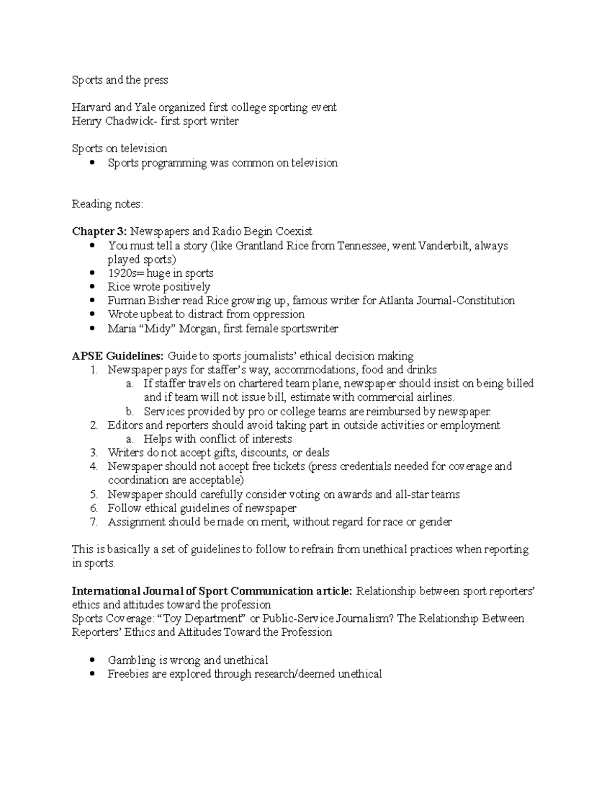 JOU 497 Sports Notes - Sports and the press Harvard and Yale organized ...