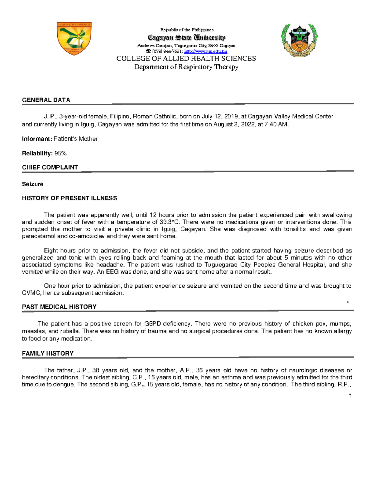 History Taking AND Physical Examination Template - Republic of the ...