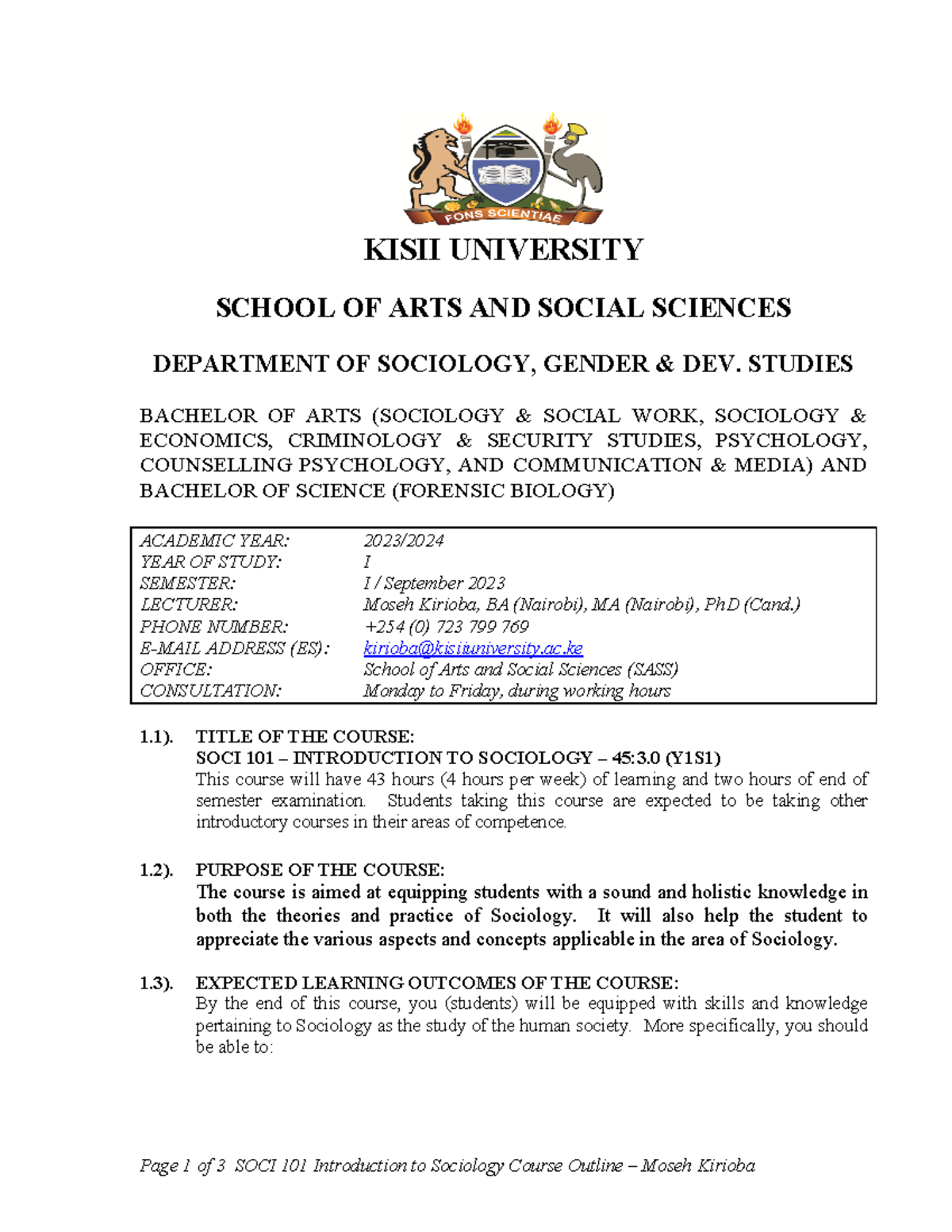 SOCI 101 Introduction TO Sociology Course Outline September 2023 - Page ...