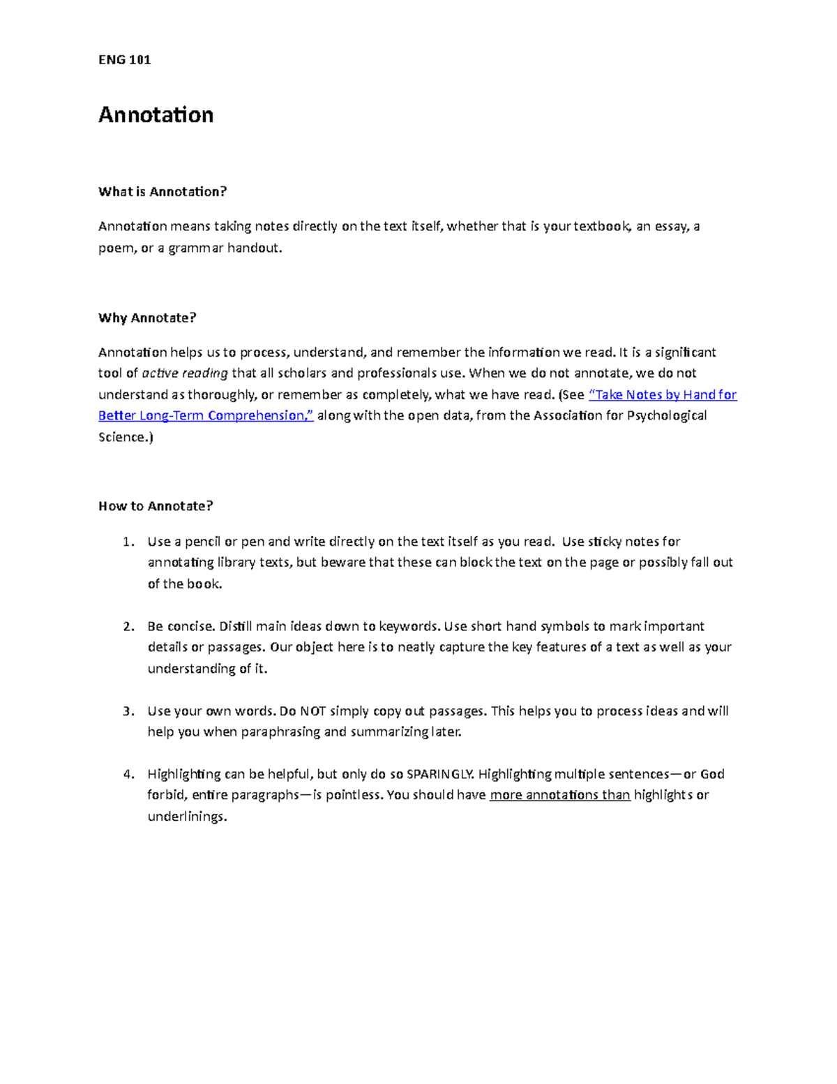 Annotation Notes - ENG 101 Annotaion What is Annotaion? Annotaion means ...