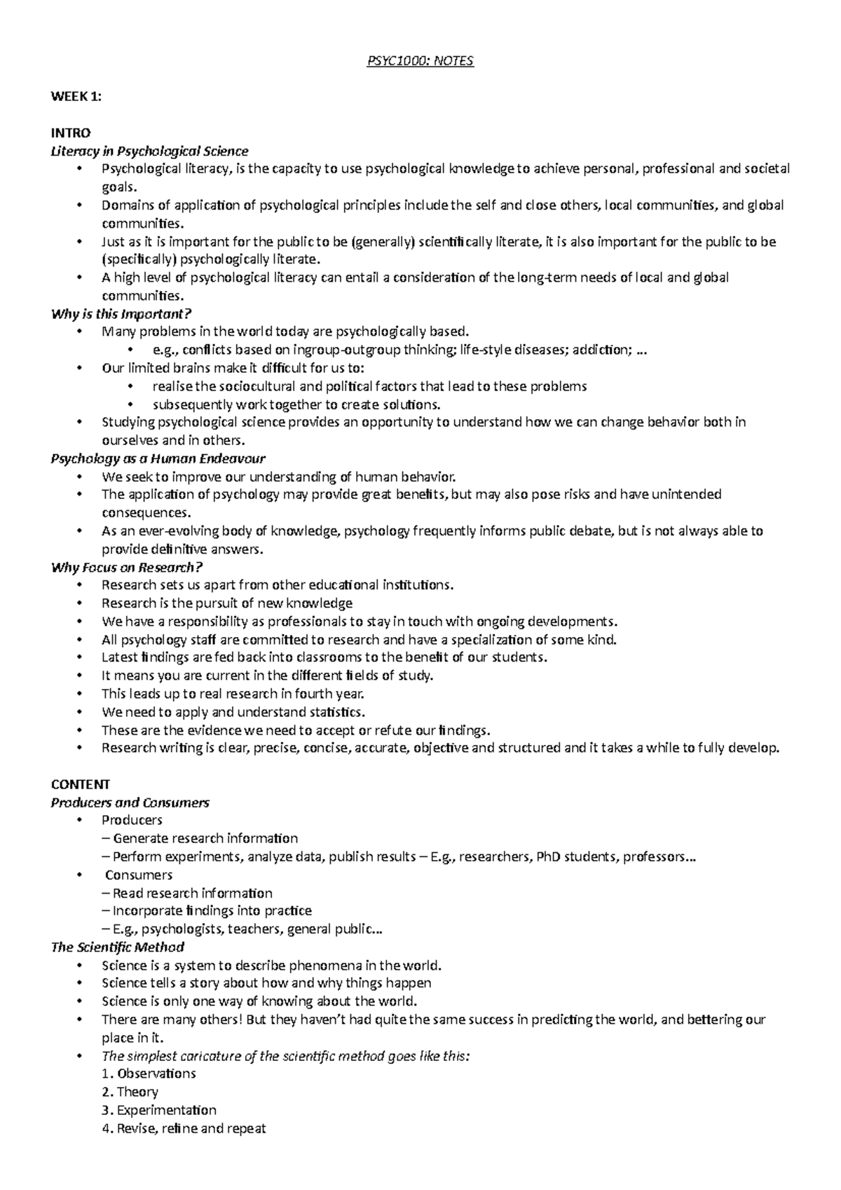 PSYC1000 Notes - PSYC1000: NOTES WEEK 1: INTRO Literacy in ...