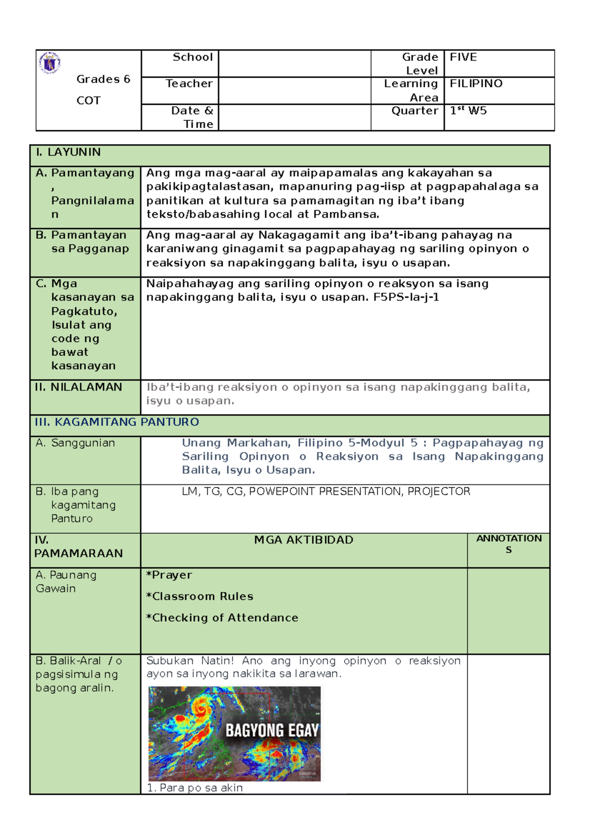 Fil 5 Q1- COT LP - Demo - Grades 6 COT School Grade Level FIVE Teacher Learning Area FILIPINO ...