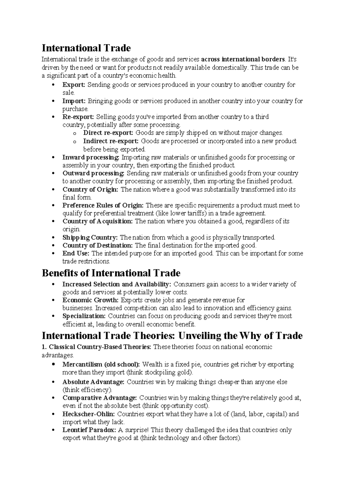 Int trade copy - exam notes - International Trade International trade ...
