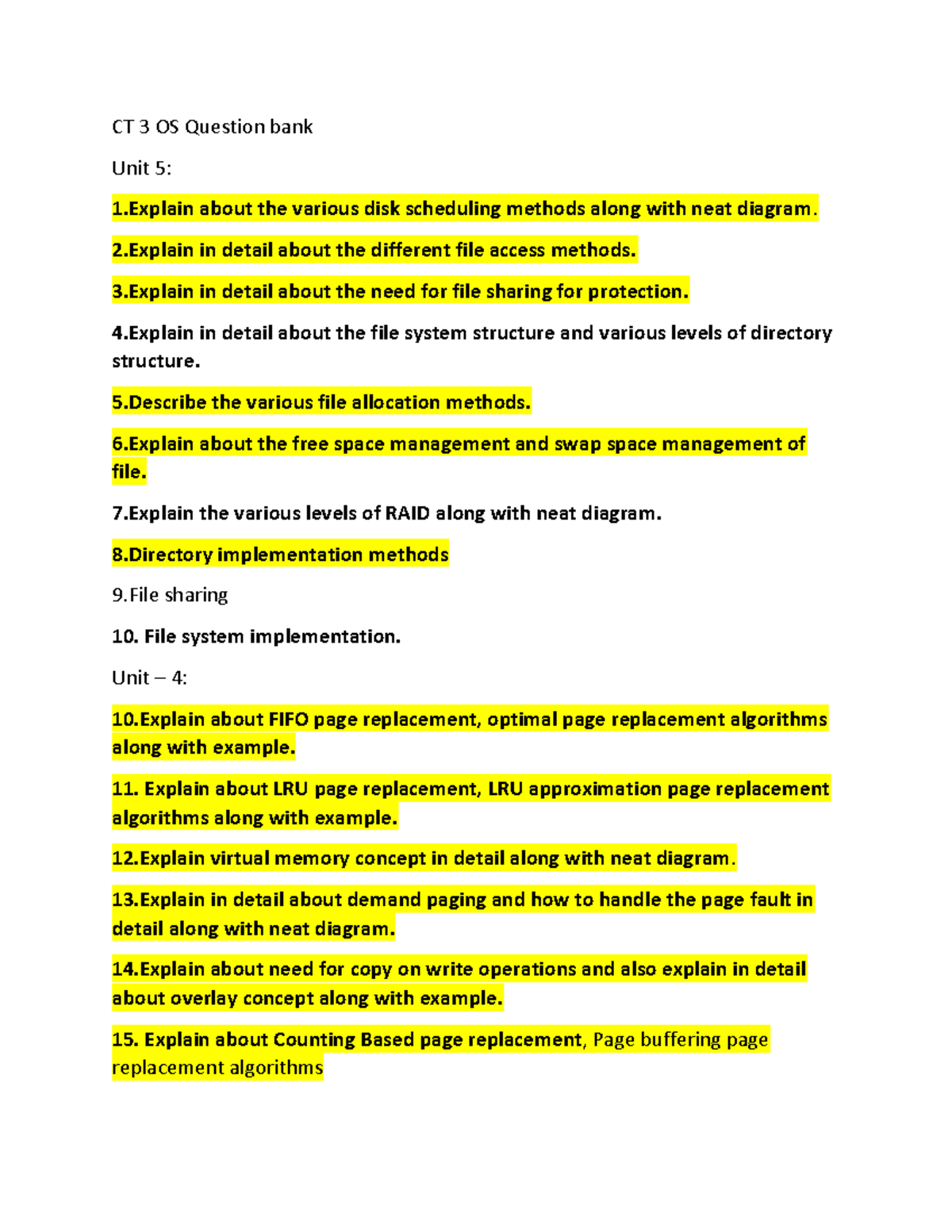 OS CT 3 - REFER THIS FOR UNIT 4 AND 5 - CT 3 OS Question bank Unit 5: 1 about the various disk ...