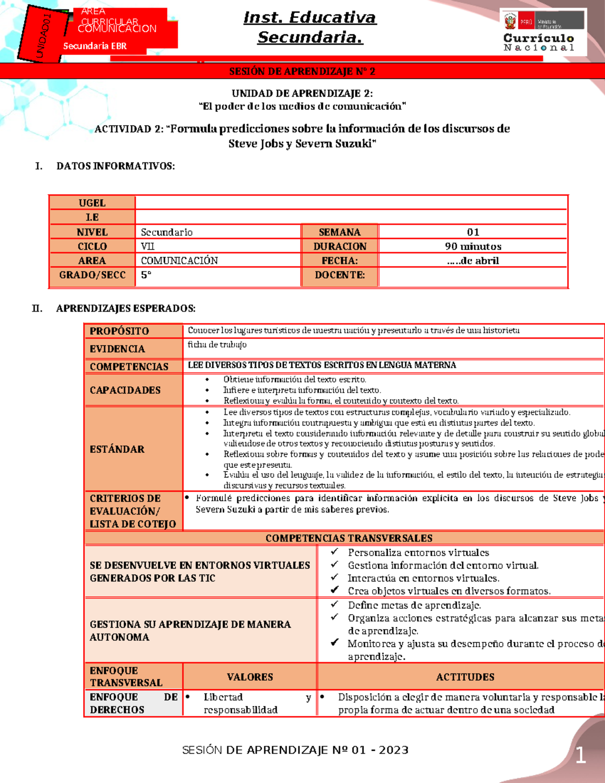 5 COM SES 2 UN 2 SEM1- 2023 - COMUNICACIÓN UNIDAD Secundaria EBR ÁREA CURRICULAR Inst. Educativa ...