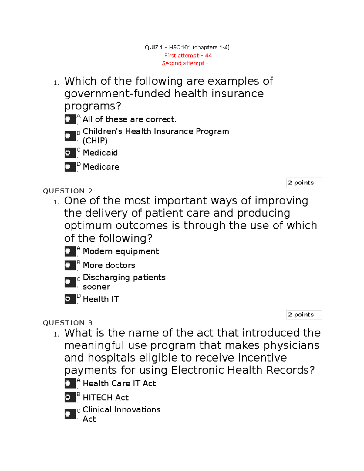 Week 4 - quiz 1 - week 4 quiz - QUIZ 1 – HSC 101 (chapters 1-4) First ...