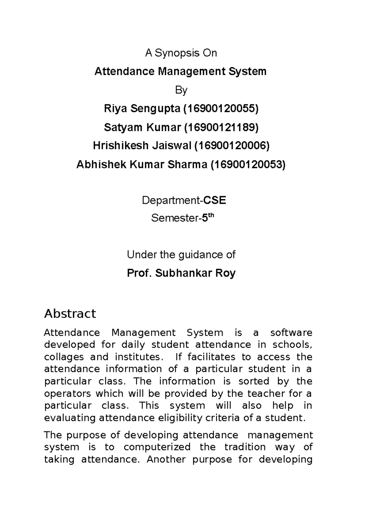 A Synopsis On - project - A Synopsis On Attendance Management System By Riya Sengupta ...