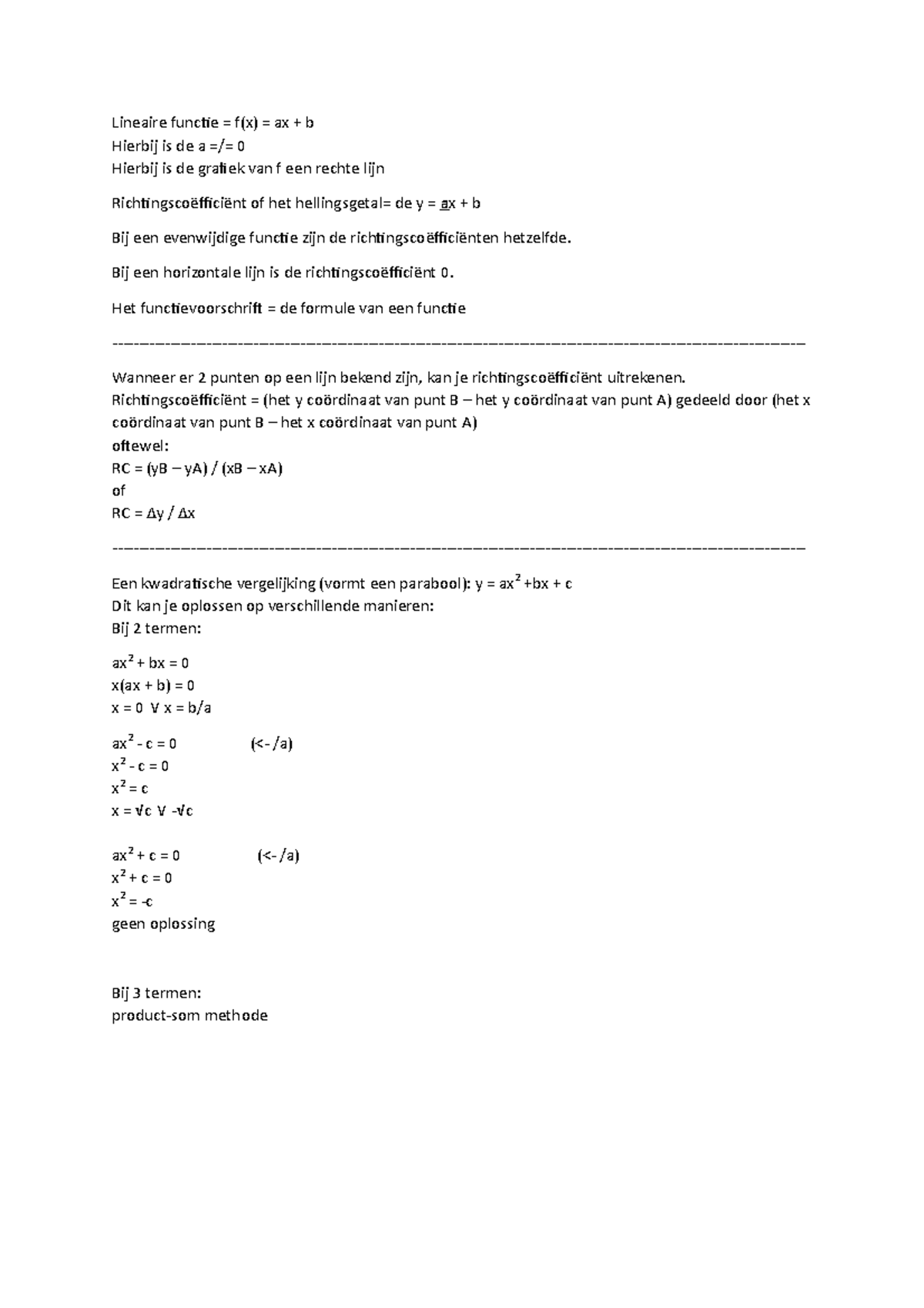 Wiskunde Samenvatting H1 H2 klas 4 - Lineaire functie = f(x) = ax + b ...