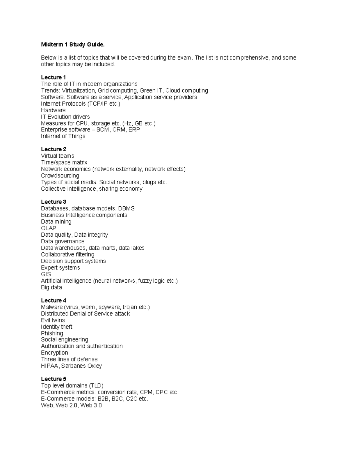 Midterm 1 Study guide - Midterm 1 Study Guide. Below is a list of topics that will be covered ...