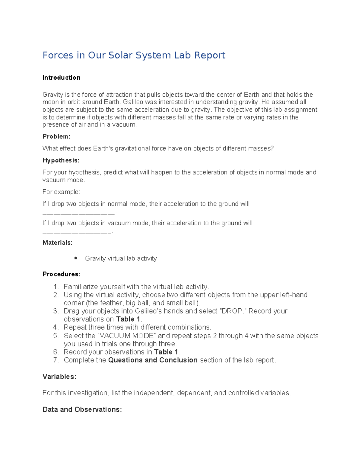 Forces in our solar system lab report - Forces in Our Solar System Lab ...