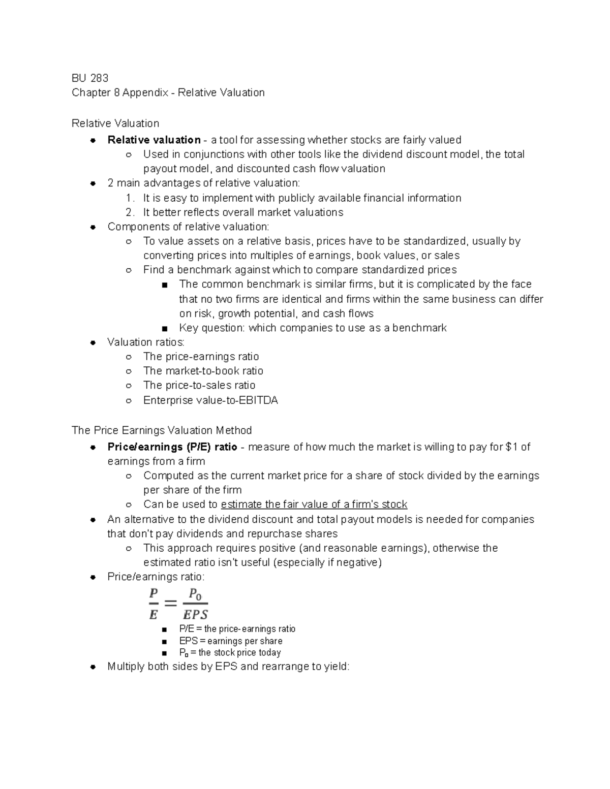 BU 283 - Chapter 8 Appendix Relative Valuation - BU 283 Chapter 8 ...