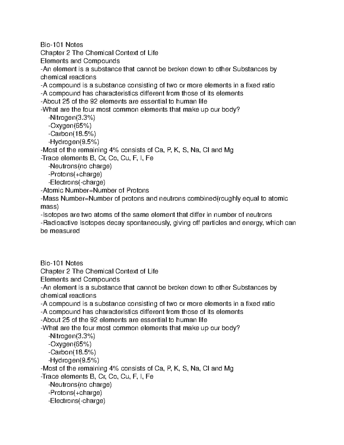 The Chemical Context of Life - Bio-101 Notes Chapter 2 The Chemical ...