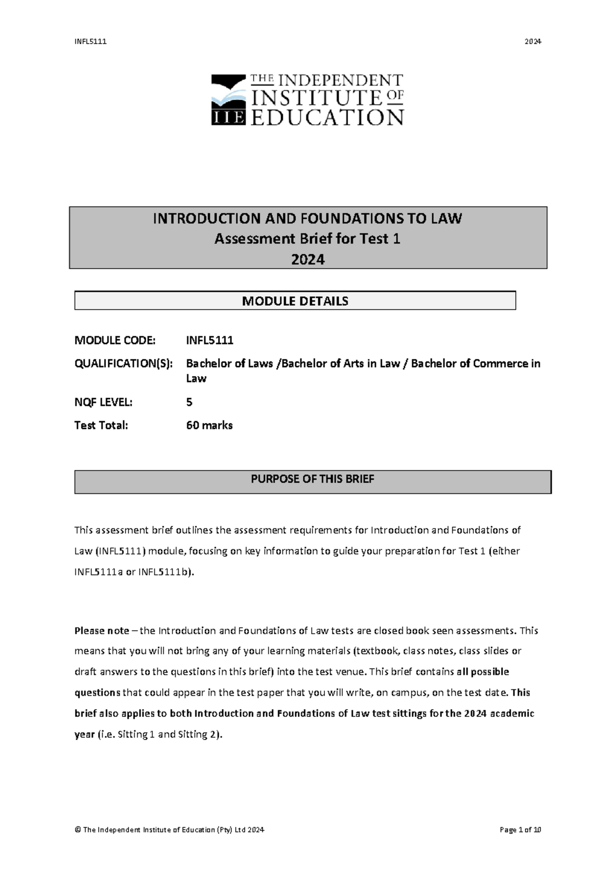 INFL5111 Seen Test Brief 2024 - INTRODUCTION AND FOUNDATIONS TO LAW ...
