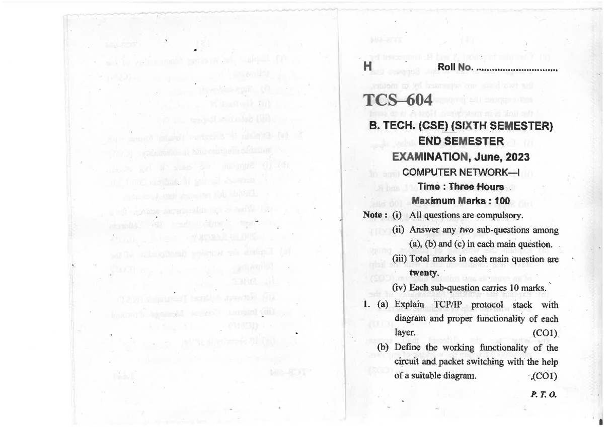 TCS 604 END 2023 - Practice makes - H Roll No. B. TECH. (CSE) (SIXTH SEMESTER) END SEMESTER ...