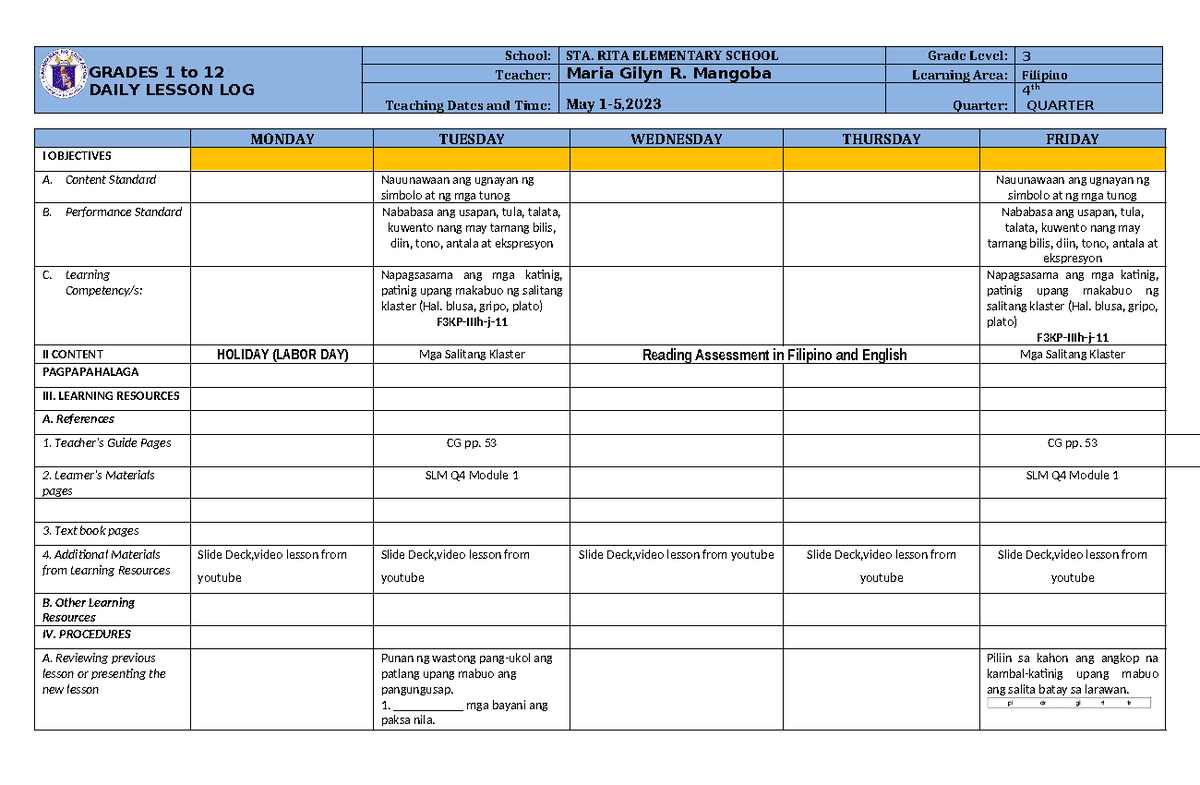 FIL-3 Q4 W1-DLL - lesson plan - GRADES 1 to 12 DAILY LESSON LOG School ...