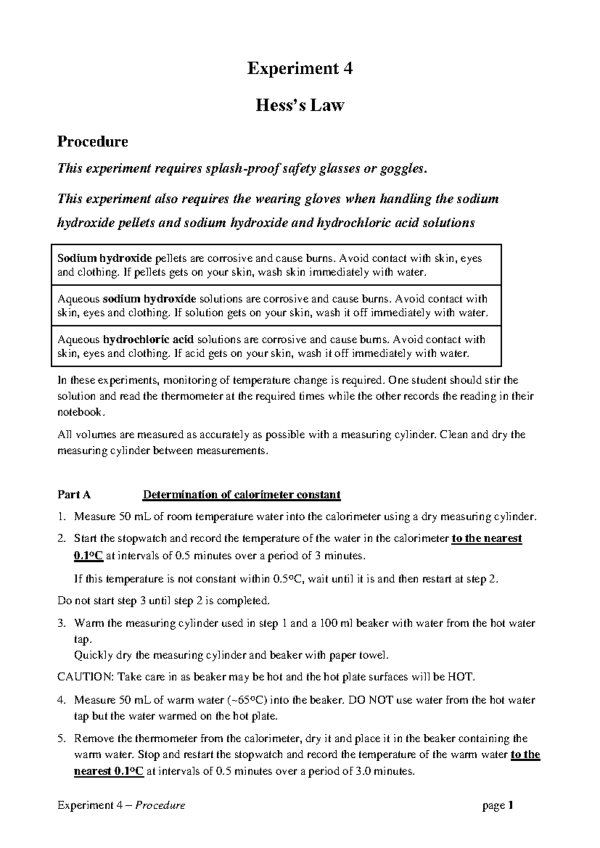 Procedure Expt 4 - Experiment 4 Hess’s Law Procedure This experiment ...