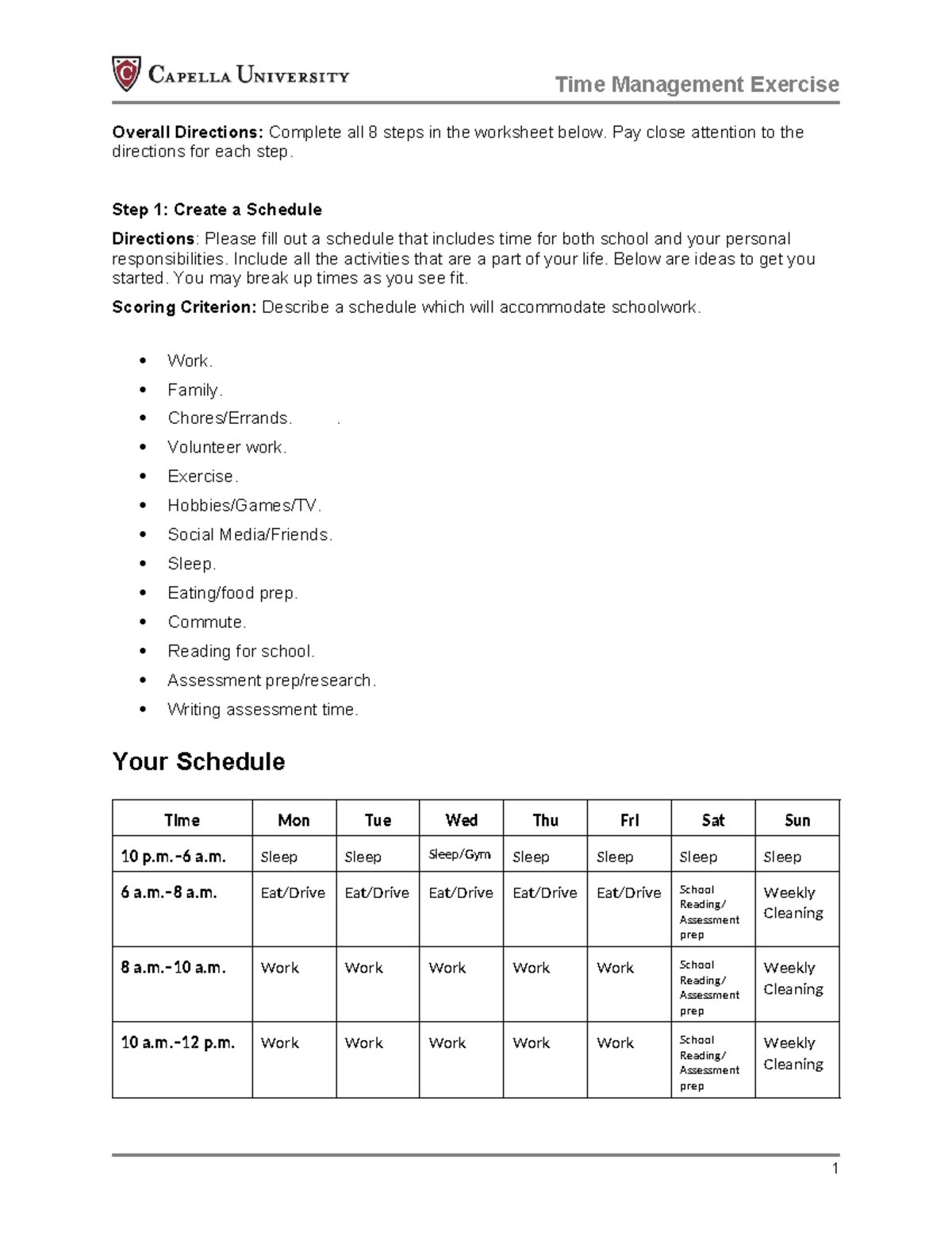 Assessment 1 Time Management - Overall Directions: Complete all 8 steps ...