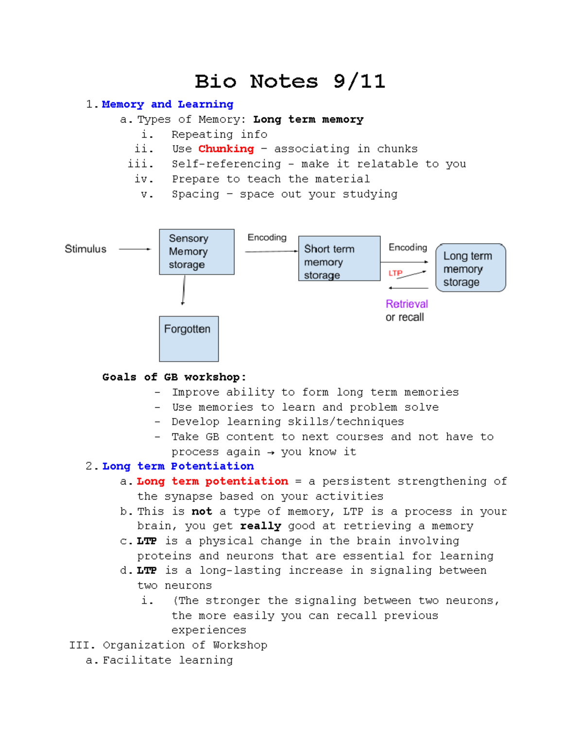 Biology Notes 9 11 2023 - Bio Notes 9/ 1. Memory and Learning a. Types ...