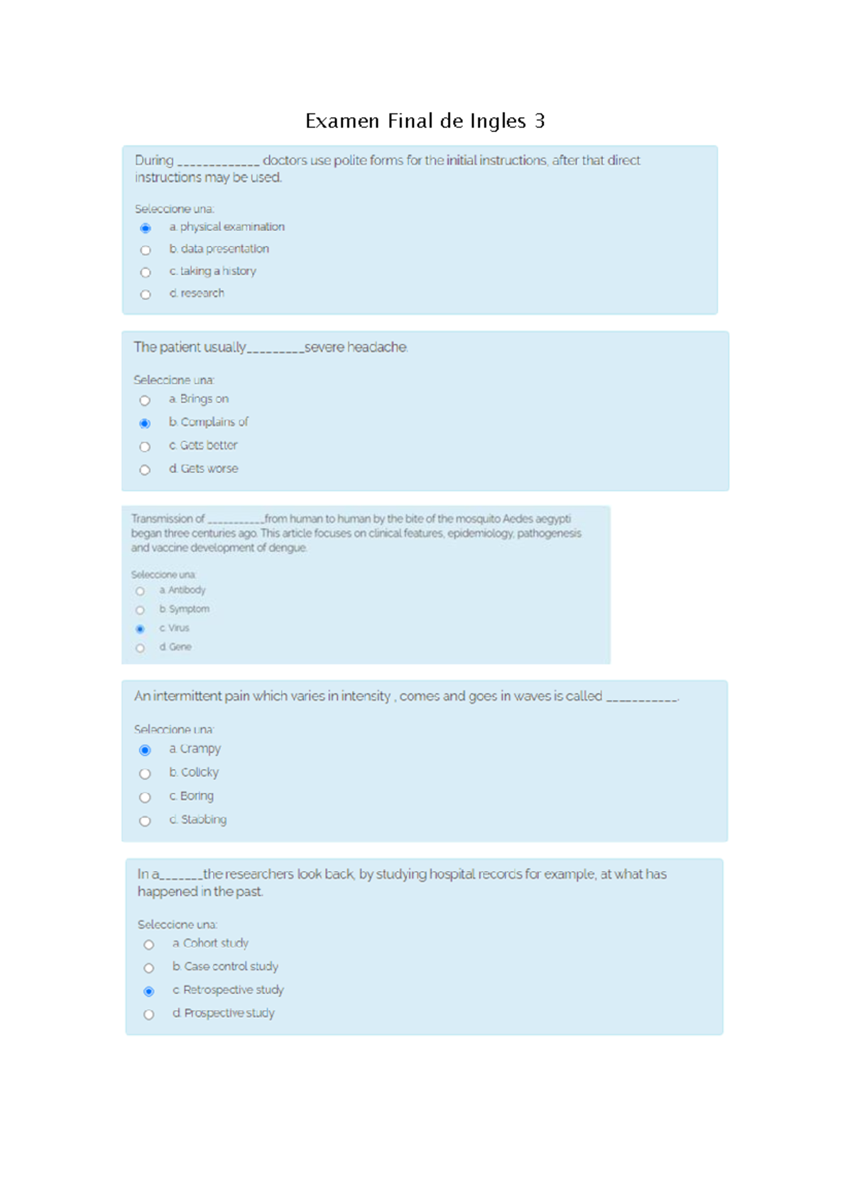 Examen Final Inglês Médico III - Inglés III - Examen Final de Ingles ...