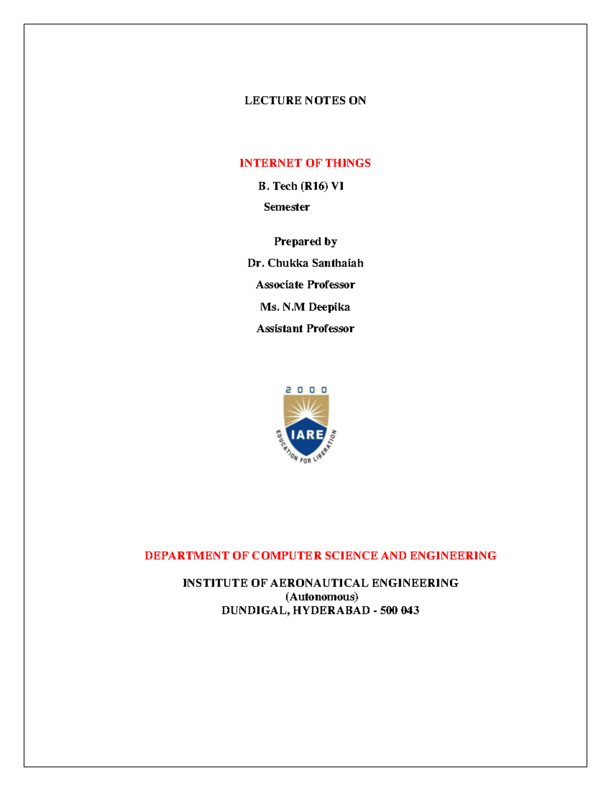IARE IOT Lecture Notes - Nice thing - LECTURE NOTES ON INTERNET OF ...