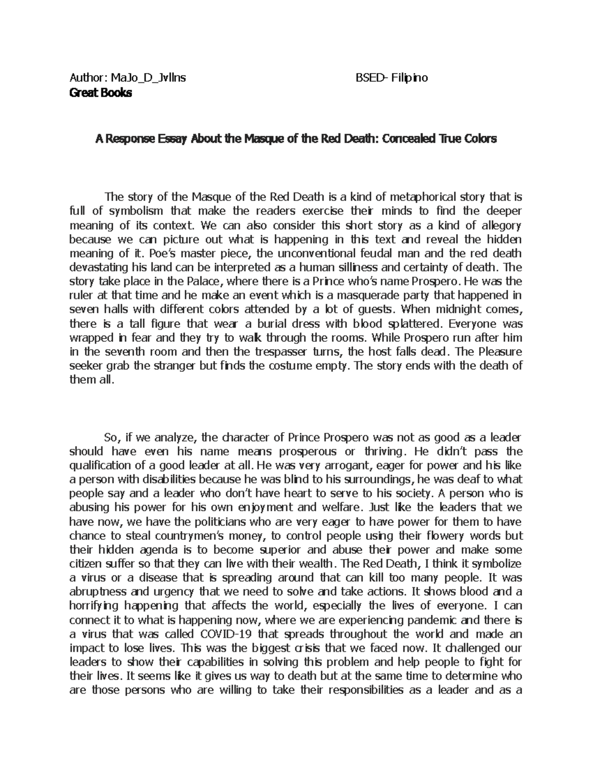 Response-Essay Masque-of-the-Red-Death-Concealed-True-Colors - Author ...