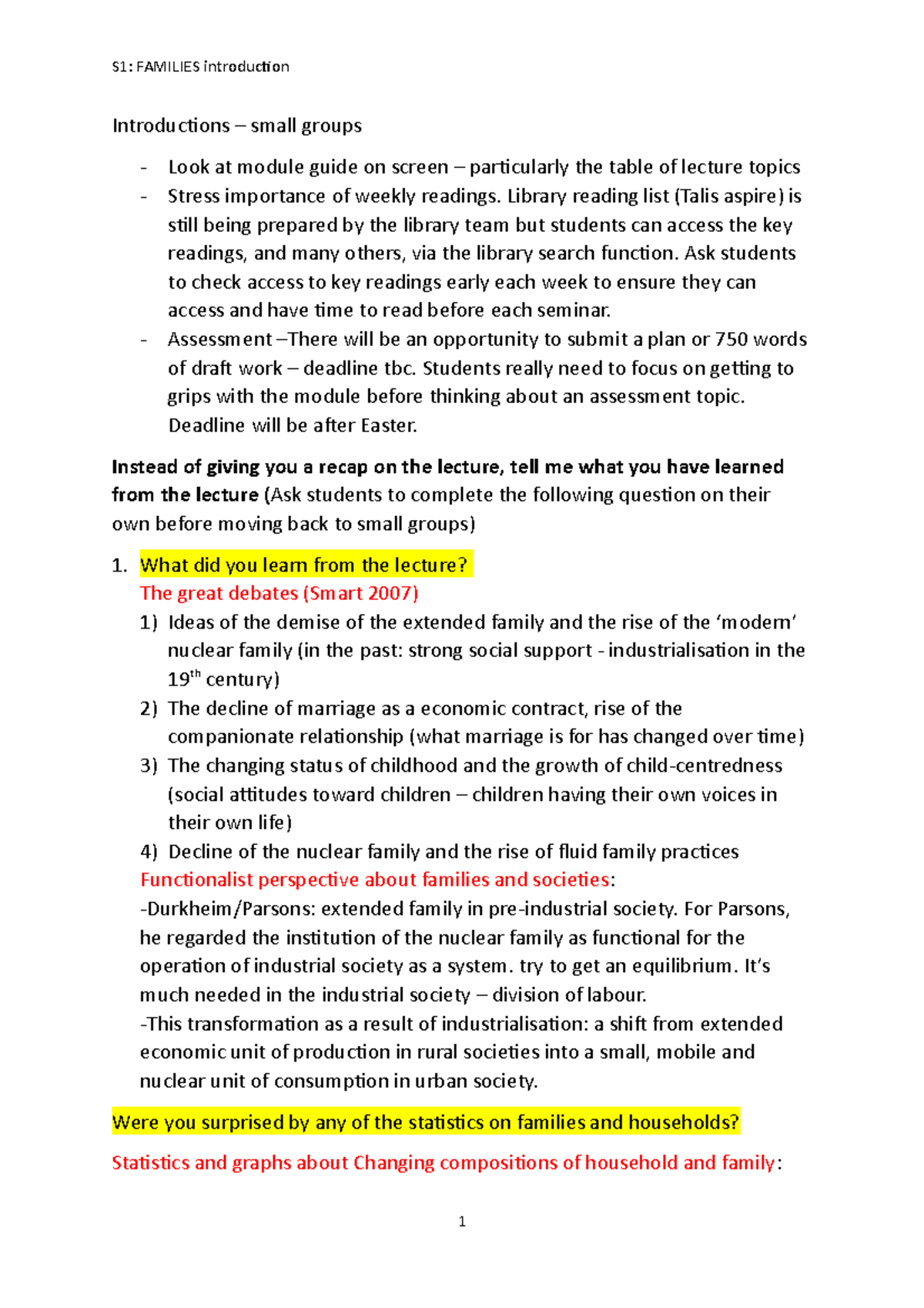 Lecture summary - S1: FAMILIES introduction Introductions – small ...