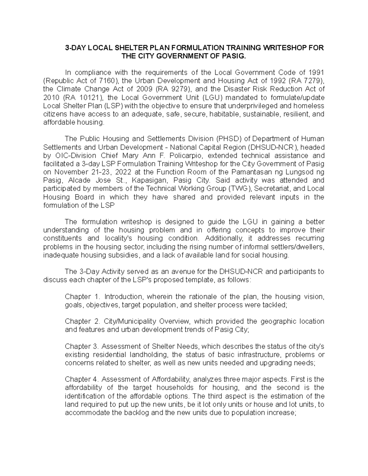 Sample Write-Up (LSP) - 3-DAY LOCAL SHELTER PLAN FORMULATION TRAINING ...