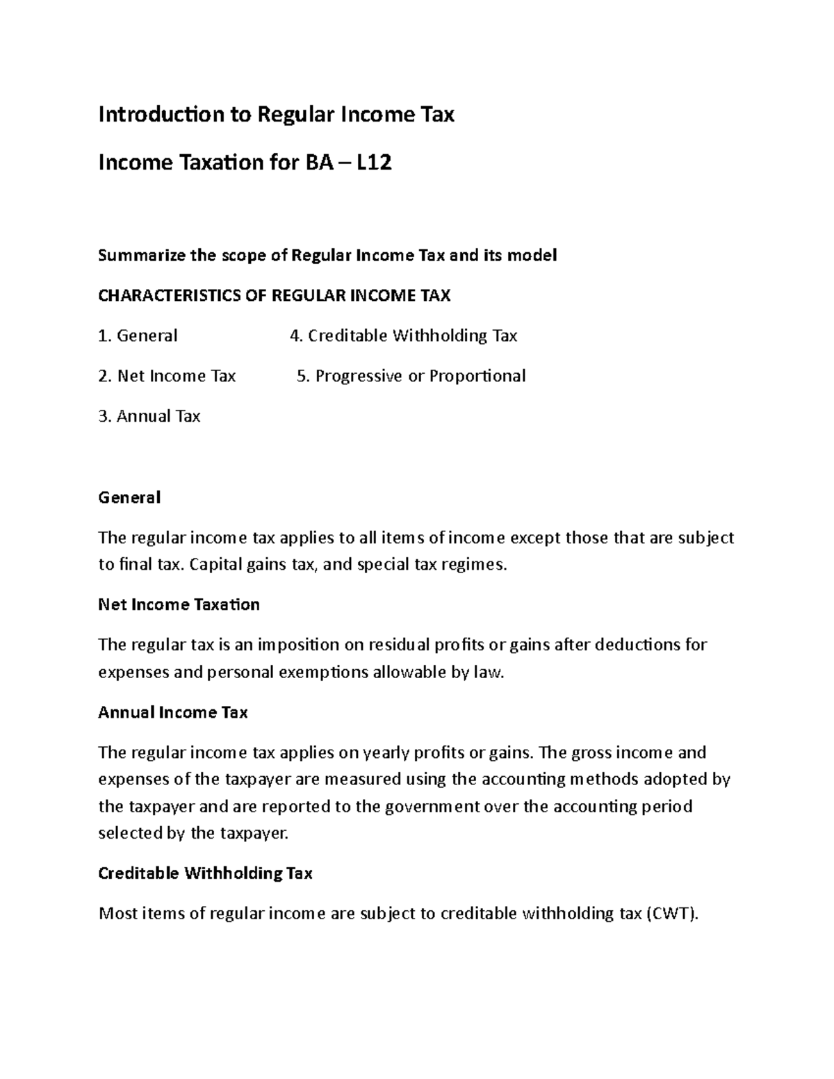 Income Taxation - 12 - Lecture notes - Introduction to Regular Income ...