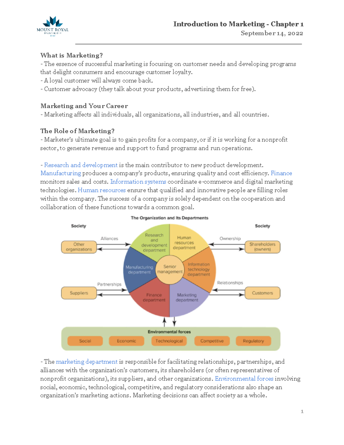 Introduction to Marketing - Chapter 1 - September 14, 2022 What is ...