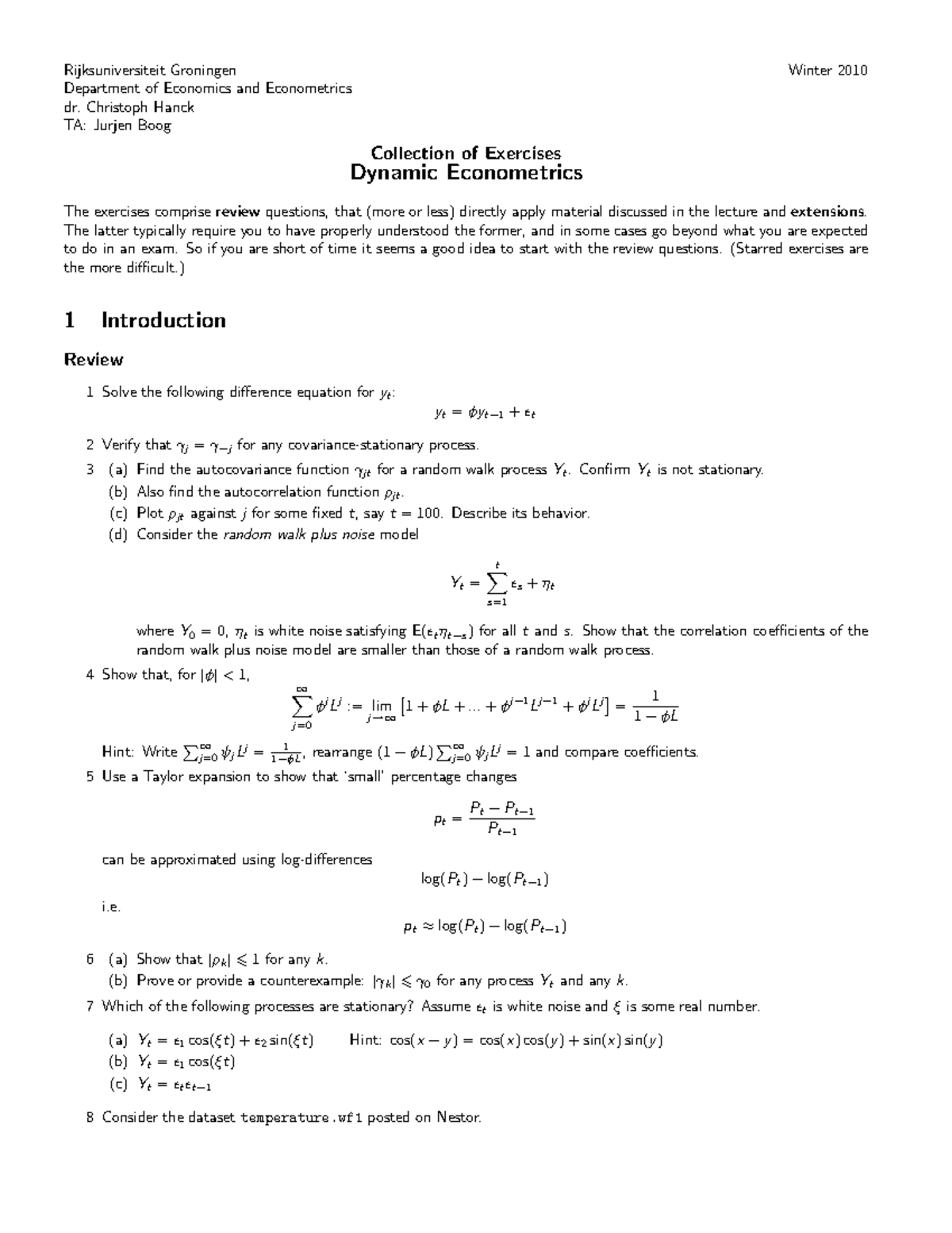 Collection of Exercises dynamic econometrics - 2010 - Rijksuniversiteit Groningen Winter 2010 ...