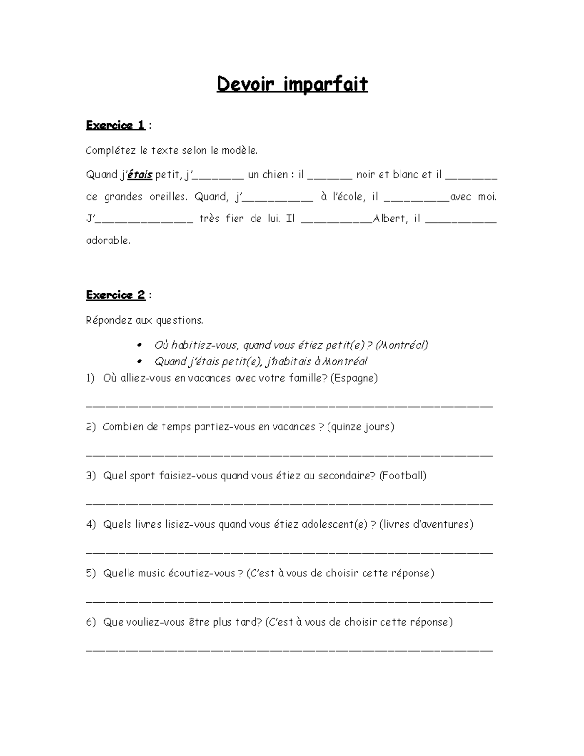 Devoir imparfait - Lecture notes 11.3 - Devoir imparfait Exercice 1 ...