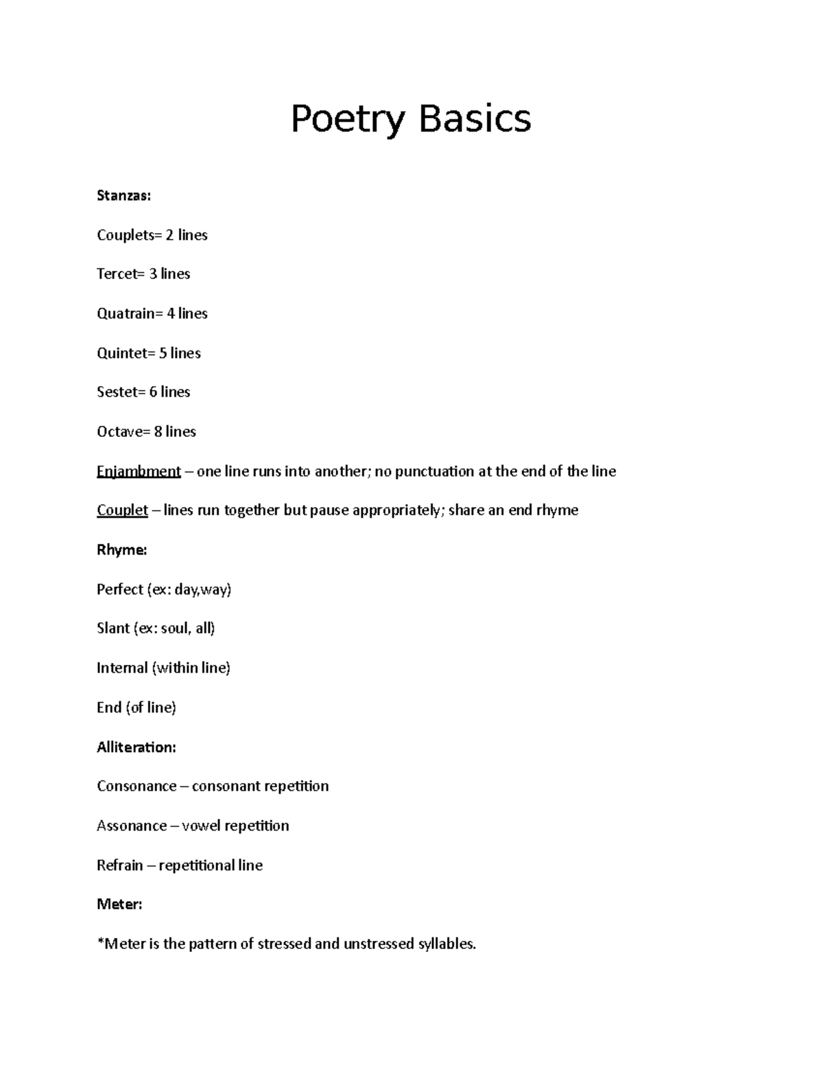 Poetry Basics - Lecture notes Day 1 - Poetry Basics Stanzas: Couplets ...